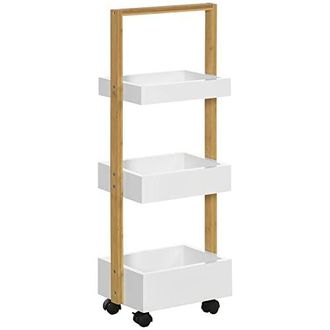 HOMCOM Chariot de Rangement &agrave; 3 Niveaux desserte &eacute;tag&egrave;re de Rangement &agrave; roulettes pour Salle de Bain Cuisine 28 x 18 x 75 cm en Bambou et Bois Blanc