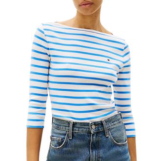 Tommy Hilfiger Damen Langarmshirt Slim U-Boot-Ausschnitt, Mehrfarbig (Ecru/Blue Spell STP), XXS