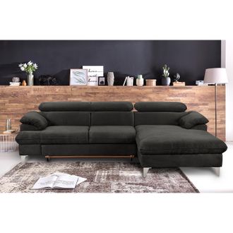 Fredriks home24 Ecksofa Coto II Schwarz/Schwarz Microfaser 254 x 74cm Longchair davorstehend rechts mit Schlaffunktion Bettkasten/Schlaffunktion Modern