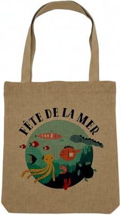 Fabulous Sac Shopping Tote Bag Aspect Lin - F&ecirc;te de la Mer Poisson Animaux Dessin Illustration - Sac de Courses Toile Epaisse 360g Beige Naturel Cabas Port&eacute; Ep