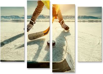 Islandburner Bild auf Leinwand Eishockeyspiel auf gefrorenem See in den Bergen bei Sonnenuntergang Bilder Wandbilder Poster