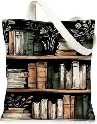 Generic Sacs fourre-tout vintage en toile &agrave; motif floral, sacs d&eacute;picerie r&eacute;utilisables, l&eacute;gers et lavables en toile avec bandouli&egrave;re, noir, 13x15 Inch