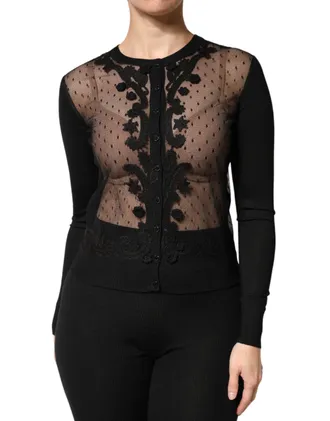 Dolce & Gabbana Womens Lace-Panelled Button-Down Cardigan Black Clothing
