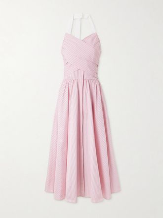 Patou Neckholder-midikleid Aus Gestreifter Baumwollpopeline Mit Falten - Pink