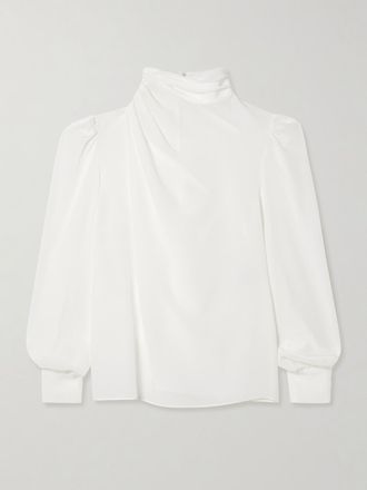 Alessandra Rich Blouse &Agrave; Col Montant En Cr&ecirc;pe De Chine De Soie &Agrave; Drap&eacute; - Blanc