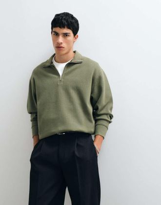Tommy Jeans Sweat d&eacute;contract&eacute; en tissu gaufr&eacute; &agrave; col zipp&eacute; - Kaki-Vert