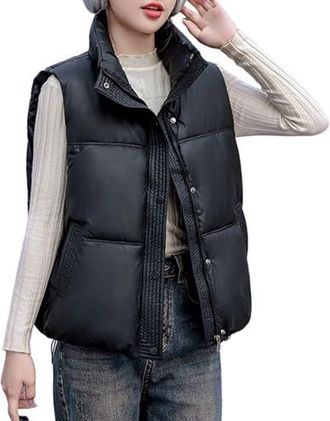 Generic Gilet surdimensionn&eacute; pour femme - Col montant - Fermeture &eacute;clair - Rembourr&eacute; - Avec cordon de serrage - Poches &agrave; ourlet, Noir, 3XL