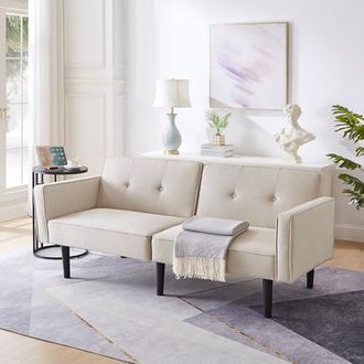 Merax Canapé-lit 2 en 1 multifonction convertible avec dossiers réglables, tissu en coton et lin, mousse haute densité, 6 pieds en bois, beige