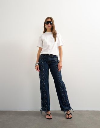 Topshop Straight-Leg-Jeans aus Denim mit extremer Schn&uuml;rung in Dunkelblau-Keine Farbe