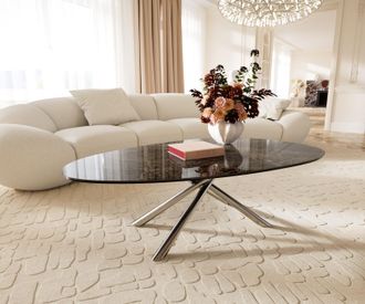 DELIFE Couchtisch Edge Oval 140x75 cm Keramik Emperador Extra Lucidato Dunkelbraun Sarity Edelstahl geb&uuml;rstet, Couchtische