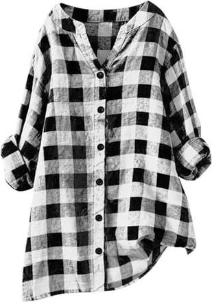 Generic Chemisier long &agrave; carreaux pour femme - Tunique longue - Grandes tailles - Col en V - Boutonn&eacute; - Confortable - D&eacute;contract&eacute; - Manches longues - Chemise 