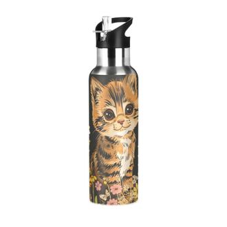Mnsruu Katze Gänseblümchen Blumen Schmetterlinge Wasserflasche Trinkflasche mit Strohhalm Deckel Isolierte Edelstahl Thermosflasche für Jungen Mädchen Gym Sp