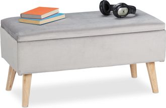 Relaxdays Sitzbank mit Stauraum, Samtbezug, 40 L, gepolstert, Holzbeine, Flur, 2er Truhenbank, 41 x 80 x 40 cm, hellgrau