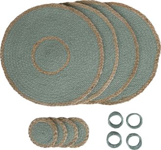 Penguin Home Set mit 12 Jute-Platzsets, Untersetzern und Serviettenringen - Aqua Farbe - Runde Tischsets - handgefertigt von erfahrenen indischen Kunsthandwerkern 