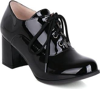 Generico Bottines Brogue Femme en Cuir Verni &agrave; Lacets et Talon Bloc, Chaussures Formelles pour Les Trajets Bureau et Les Occasions,Noir,47 EU