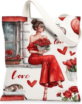 Generic Sacs fourre-tout en toile florale pour la Saint-Valentin, sacs &agrave; provisions r&eacute;utilisables, vintage l&eacute;gers et lavables, Rouge, 13x15 Inch