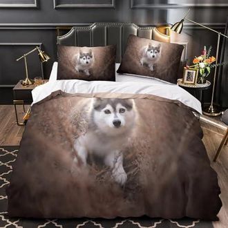 Generic Housse de Couette 200x200 Husky Parure de Lit 2 Personnes Chiot Mignon Imprim&eacute;e 3D Microfibre Literie Set 3 Pi&egrave;ces avec Housses Couettes et 2 Taies do