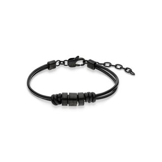 s.Oliver Herren Bracelet - Armband aus Echtleder - IP Schwarz - Ankerkette verstellbar bis 22 cm - wasserfest & hautfreundlich