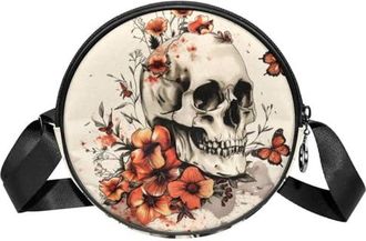 Generic Petit sac &agrave; bandouli&egrave;re circulaire pour femme, motif cr&acirc;nes, fleurs, petit sac &agrave; bandouli&egrave;re avec fermeture &eacute;clair, bretelles r&eacute;glables, sac &agrave; main ro