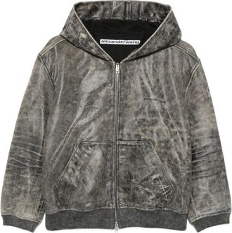 Alexander Wang Femme, Sweatshirts et sweats &agrave; capuche, Gris, Taille: 40 FR Shrunken Leather Zip-Up Sweat &agrave; capuche
