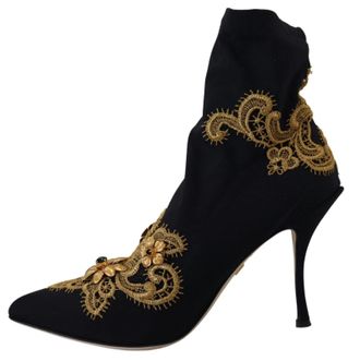 Dolce & Gabbana Womens Black Gold Embroidery Crystal Boots Shoes