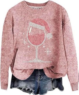 Generico Pulls de Noël amusants pour femme, pulls longs en tricot pour femme, pulls dhiver à col rond, sweatshirts amples, hauts à manches longues, chaud et él