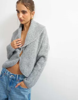 Topshop gilet en maille &agrave; col ch&acirc;le couleur smoke-Gris