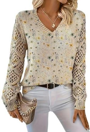 TOMWELL Pull Femme Imprim&eacute; Floral Chic Chaud Pullover Automne Hiver Pulls Col V Manche Longue Sweater C Beige XL