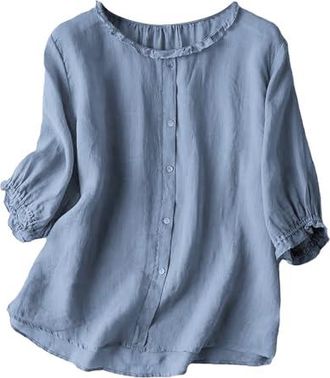Generic Chemises &agrave; manches courtes &agrave; col rond pour femme - Chemisier en lin &agrave; manches courtes pour l&eacute;t&eacute; - Blouses et chemises unies pour les vacances - Blouse