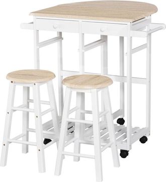 HOMCOM Ensemble Table de Bar Pliable sur roulettes avec &eacute;tag&egrave;re et 2 tiroirs + 2 tabourets Bois pin MDF Blanc ch&ecirc;ne Clair-Beige