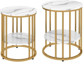 HOMCOM Homcom - Lot de 2 tables basses gigognes rondes style Art déco - 2 étagères - acier doré effet marbre blanc