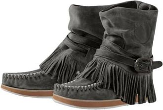Generic Bottines de cowboy plates &agrave; franges pour femme - Bottines de cowgirl courtes &agrave; franges - Bottines dautomne et dhiver - Chaussures plates &agrave; rivets en d