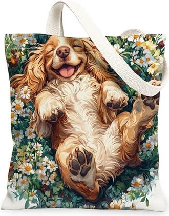 Generic Sac fourre-tout en toile pour le shopping, 33 x 38 cm, motif floral mignon, sac &agrave; bandouli&egrave;re r&eacute;utilisable pour femme, peinture danimaux domestiques, 