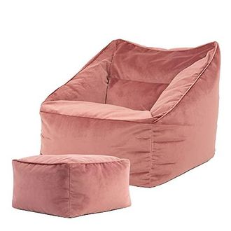 Icon Brand Natalia Sitzsack Sessel mit Hocker für Erwachsene, Rosa, Flauschiger Samtstoff, Riesen Sitzsack Samt mit Füllung, Bean Bag Chair, Bequemer Sessel Wohn