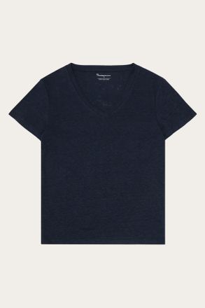 Knowledge Cotton Apparel Damen vegan T-Shirt Leinen V-Ausschnitt Total Eclipse