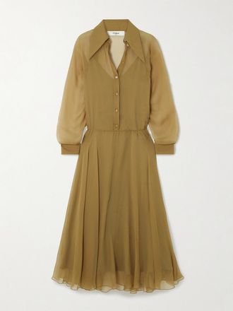 Chlo&eacute; Robe-chemise Midi En Mousseline De Soie Biologique &Agrave; Plis - Marron