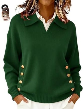 Generic Pull en tricot confortable avec boucle en m&eacute;tal pour femme - Col - Manches longues - Doux - Pour un usage quotidien, Vert, 4XL