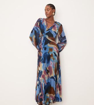 Asos Tall ASOS DESIGN Tall - Plissiertes Midikleid mit abstraktem Muster in Marineblau und verdrehtem Wickeldetail vorne-Bunt