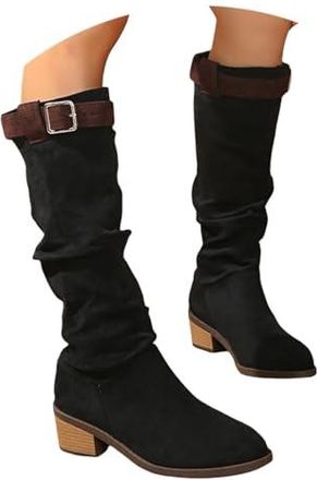 Generic Bottes hautes femme pour automne et hiver avec talon carr&eacute; &eacute;l&eacute;gant style froiss&eacute; confortable inspir&eacute; des bottes d&eacute;quitation (Black, 41)