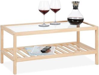 Relaxdays Couchtisch, Wohnzimmertisch mit Glasplatte, Holz, HBT 35 x 80 x 40 cm, rechteckiger Sofatisch, 2 Etagen, Natur