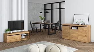 Skraut Home Wohnzimmermöbel-Set | Tisch 200 Bicolour U-Beine 10 Personen | Lowboard 120 | Sideboard/Buffetschrank 140 | Eiche und Schwarz | Industrieller Still
