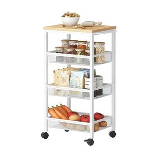 Relaxdays Nischenwagen, HxBxT: 77x22x45 cm, schmales Nischenregal Bad & K&uuml;che, 4 Ebenen, Rollregal Metall, Natur/wei&szlig;