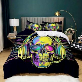 Generic Housse de Couette Cr&acirc;ne Musique Sombre 140 x 200 cm, Parure de Lit Jaune Fluo 1 Personnes - House de Couette Microfibre avec Fermeture Eclair et 2 Tai