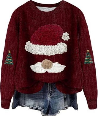 Generico Pull de No&euml;l rouge femme sweat femme de No&euml;l sweats P&egrave;re No&euml;l imprim&eacute; pull Tops &eacute;l&eacute;gant mode pull de No&euml;l avec col en fourrure et renne rouge, 03wine,