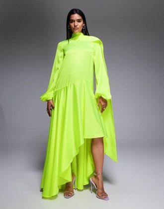 Asos ASOS - ARCHIVE - Robe longue satinée avec taille basse et détail foulard - Citron vert
