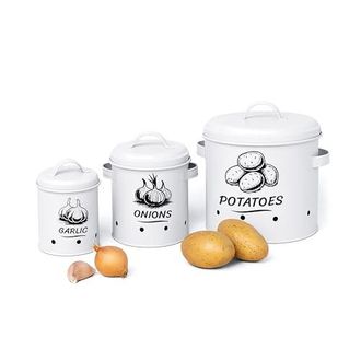 Relaxdays Bo&icirc;te de Conservation Relaxdays pour Pommes de Terre, oignons et ail, Lot de 3, avec Couvercle, a&eacute;rations, m&eacute;tal, Blanc