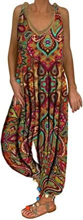 TOMWELL Combinaison Sexy &agrave; Col en V pour Femmes Sarouel Ample Grande Taille Salopettes &agrave; Bretelles &agrave; lentrejambe &agrave; Jambes Larges B Multicolore08 L