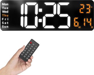 Opis Technology Clock 1 XXL - Digitale Wanduhr - Retro LED Wand Uhr mit Fernbedienung, Timer & Wecker, Temperaturanzeige, dimmbares Display, Weiß/Orange