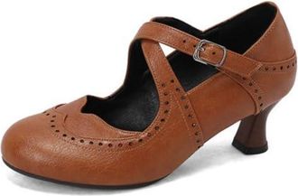 Generic Femmes Fermé Bout Rond Chaussures Oxford Croisée Bride Cheville Escarpins De Robe Talon Chaton Mary Janes,Jaune,35.5 EU