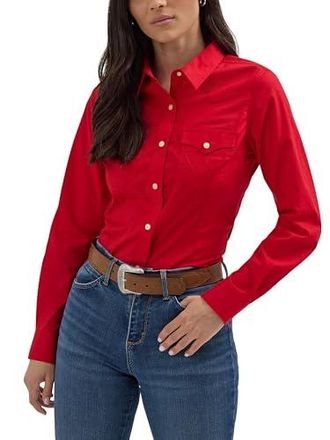 Wrangler Chemise Western r&eacute;tro &agrave; Manches Longues pour Femme Bleu uni, Rouge, Taille XL